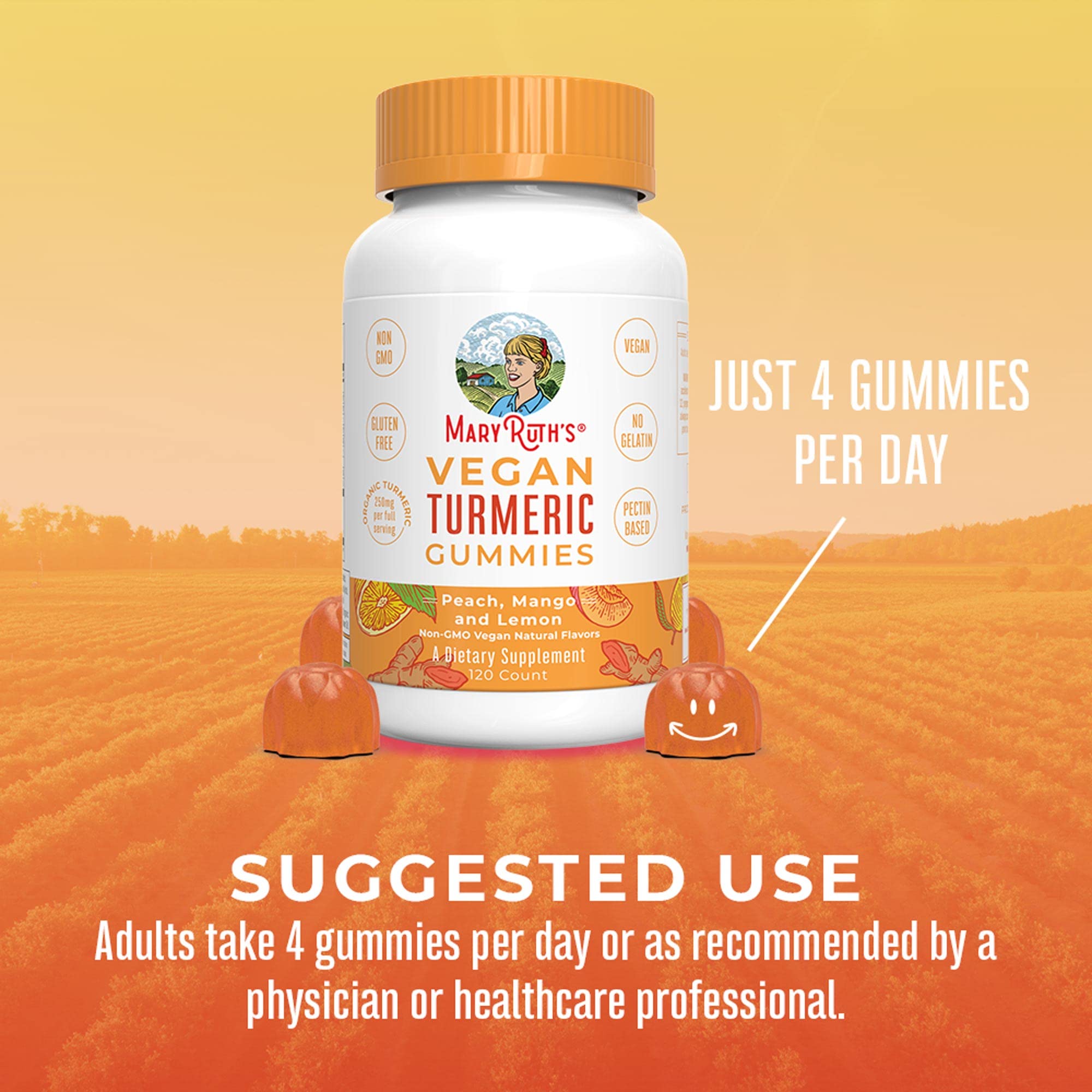 MaryRuth Organics Turmeric Gummies | Organic Turmeric Curcumin Extract | Chewable Turmeric Supplement | Vegan, Non-GMO, Gluten Free | Peach, Mango & Lemon Flavor | 250 mg per Serving | 120 Count