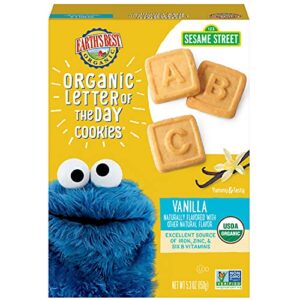 earth’s best organic kids snacks, sesame street toddler snacks, organic letter of the day cookies for toddlers 2 years and older, vanilla, 5.3 oz box