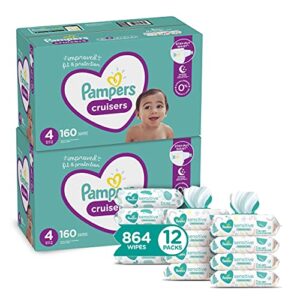 pampers cruisers disposable baby diapers size 4, 2 month supply (2 x 160 count) with sensitive water based baby wipes, 12x pop-top packs (864 count)