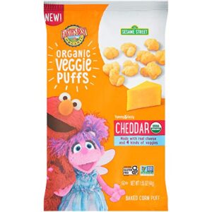 earth’s best organic kids snacks, sesame street toddler snacks, organic cheddar veggie puffs, gluten free snacks for kids 2 years and older, cheddar, 1.55 oz bag