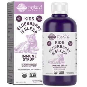 garden of life elderberry immune support for kids with zinc, vitamin c – mykind organics kids elderberry & sleep immune syrup liquid, bedtime herbs for children, no alcohol, no added sugar, 3.92 fl oz