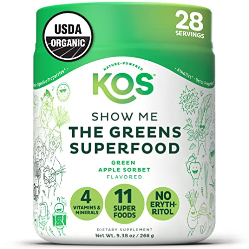 KOS USDA Organic Super Greens Powder - Plant Based Algae Superfood Blend with Spirulina, Chlorella & Wheatgrass - Keto, Vegan, Daily Green Juice Smoothie Drink - Green Apple Sorbet Flavor, 28 Servings