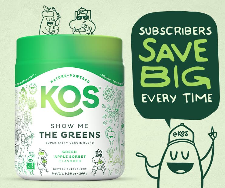 KOS USDA Organic Super Greens Powder - Plant Based Algae Superfood Blend with Spirulina, Chlorella & Wheatgrass - Keto, Vegan, Daily Green Juice Smoothie Drink - Green Apple Sorbet Flavor, 28 Servings