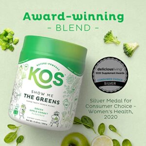 KOS USDA Organic Super Greens Powder - Plant Based Algae Superfood Blend with Spirulina, Chlorella & Wheatgrass - Keto, Vegan, Daily Green Juice Smoothie Drink - Green Apple Sorbet Flavor, 28 Servings