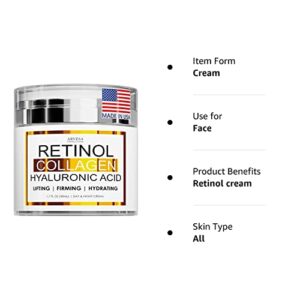 Retinol Cream for Face - Facial Moisturizer with Collagen Cream and Hyaluronic Acid - Anti Aging Face Cream - Day and Night Face Lotion for Women and Men - Hydrating Wrinkle Cream for Face - All Skin Types