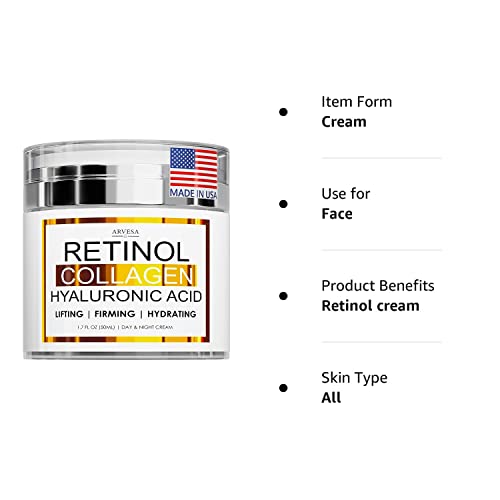 Retinol Cream for Face - Facial Moisturizer with Collagen Cream and Hyaluronic Acid - Anti Aging Face Cream - Day and Night Face Lotion for Women and Men - Hydrating Wrinkle Cream for Face - All Skin Types