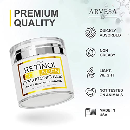 Retinol Cream for Face - Facial Moisturizer with Collagen Cream and Hyaluronic Acid - Anti Aging Face Cream - Day and Night Face Lotion for Women and Men - Hydrating Wrinkle Cream for Face - All Skin Types