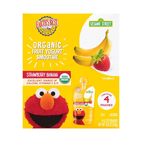 Earth's Best Organic Kids Snacks, Sesame Street Toddler Snacks, Organic Fruit Yogurt Smoothie for Toddlers 2 Years and Older, Strawberry Banana, 4.2 oz Resealable Pouch (Pack of 4)