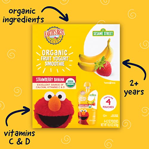 Earth's Best Organic Kids Snacks, Sesame Street Toddler Snacks, Organic Fruit Yogurt Smoothie for Toddlers 2 Years and Older, Strawberry Banana, 4.2 oz Resealable Pouch (Pack of 4)