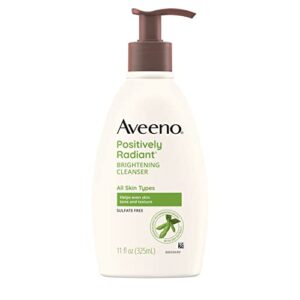 aveeno positively radiant brightening facial cleanser for sensitive skin, targets dull skin, moisture rich soy extract, non-comedogenic, oil- & soap-free, hypoallergenic, 11 fl. oz