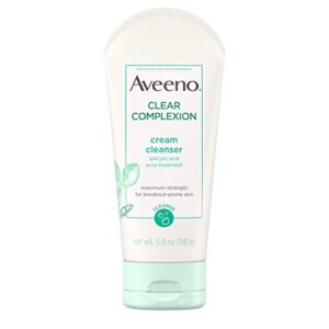 aveeno clear complexion cream facial cleanser with salicylic acid acne medicine, face wash with soy extract for breakout prone skin, hypoallergenic & oil-free, 5 fl. oz