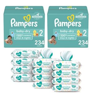 pampers baby diapers and wipes starter kit (2 month supply) – baby dry disposable baby diapers (2 x 252 count) with sensitive water based baby wipes, 12x pop-top packs, 864 count