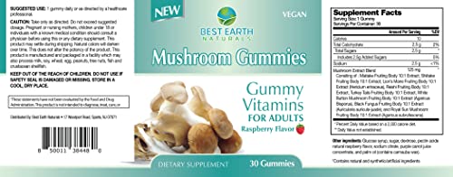 Best Earth Naturals Mushroom Gummy Vitamins Raspberry Flavor with Lion's Mane, Reishi, Cordyceps, Chaga, Maitake, Shiitake and More, 30 Count