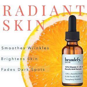 Brandefy Vitamin C Serum 15% L. Ascorbic Acid, Ferulic Acid .5% + Vitamin E, Self Care, Beauty Face Serum - Dark Spot Corrector, Anti Aging Face Care 1oz.