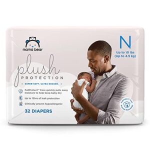 amazon brand – mama bear plush protection newborn diapers, ultra-soft, hypoallergenic, dermatologist tested, for babies weighing up to 10 pounds, assorted print, 32 count, white