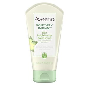 aveeno positively radiant skin brightening exfoliating daily facial scrub, moisture-rich soy extract, oil- & soap-free tone-evening face cleanser, hypoallergenic & non-comedogenic, 5 oz