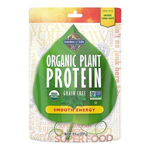 garden of life organic plant protein smooth energy powder, 10 servings – vegan, grain free & gluten free plant based protein shake with yerba mate, vitamin b12, probiotics & enzymes, 15g protein