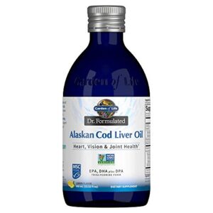 garden of life dr. formulated alaskan cod liver oil – lemon flavor, 80 servings – 1000 mg omega 3s (epa, dha & dpa) + vitamins a & d, non-gmo, sustainably sourced & line-caught, 400ml (13.52 fl oz)