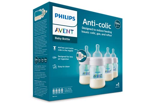 Philips Avent Anti-Colic Baby Bottles with AirFree Vent, 4oz, 4pk, Clear, SCY701/04