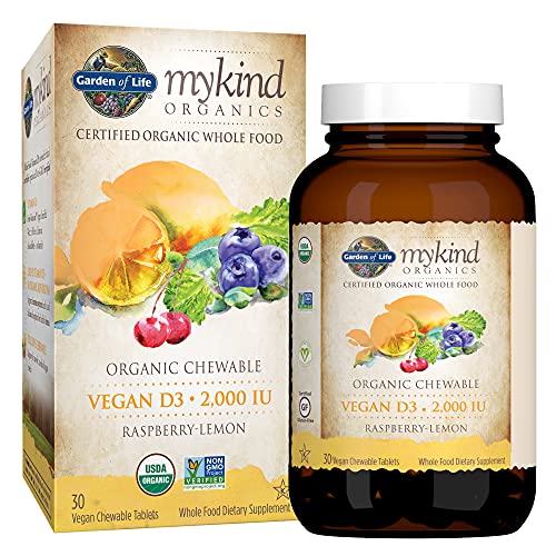 Garden of Life Organic Vitamin D - mykind Organics Vegan D3 Chewable - Raspberry Lemon, 2,000 IU (50mcg) Whole Food Vitamin D3 from Lichen Plus Food & Mushroom Blend, Gluten Free, 30 Chewable Tablets