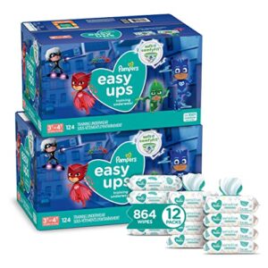 pampers easy ups pull on training pants boys and girls, 3t-4t (size 5), 2 month supply (2 x 124 count) with sensitive water based baby wipes, 12x pop-top packs (864 count)