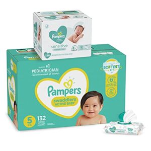 diapers size 5, 132 count and baby wipes – pampers swaddlers disposable baby diapers and water baby wipes sensitive pop-top packs, 336 count (packaging may vary)