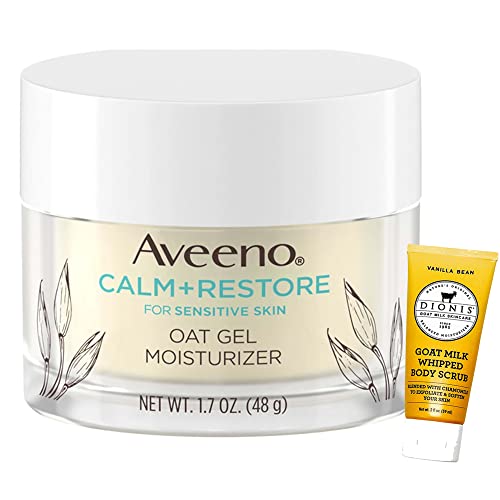 Aveeno Calm + Restore Oat Gel Facial Moisturizer Cream For Sensitive Skin Paraben-Free, 48g & Body Scrub 2fl oz Combo (FFP Packing)