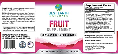 Best Earth Naturals Fruit Supplement - 20 Concentrated Super Food Fruits Per Serving; with Aloe Vera, Cherry, Cranberry, Papaya, Acai, Goji Berry, Pomegranate, and More! Vegan