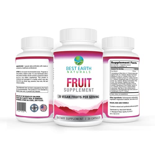 Best Earth Naturals Fruit Supplement - 20 Concentrated Super Food Fruits Per Serving; with Aloe Vera, Cherry, Cranberry, Papaya, Acai, Goji Berry, Pomegranate, and More! Vegan