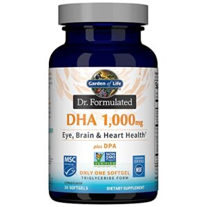 garden of life dr. formulated once daily 1000mg dha fish oil + dpa in triglyceride form softgels, single source omega 3 supplement for ultimate eye, brain & heart health, lemon, 30 count