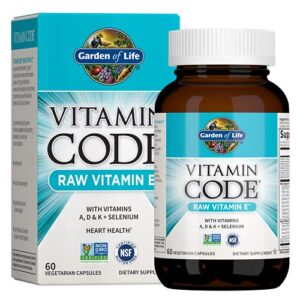 garden of life vitamin e – vitamin code raw vitamin e supplement with vitamins a, d & k plus selenium, fruit, veggies & probiotics, 60 vegetarian capsules, 125mg whole food vitamin e for heart health