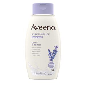 aveeno stress relief body wash with soothing oat, lavender, chamomile & ylang-ylang essential oils, dye- & soap-free calming body wash for shower gentle on sensitive skin, 12 fl. oz