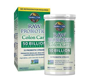 garden of life raw probiotics colon care shelf stable – 50 billion cfu guaranteed through expiration – once daily – certified non-gmo & gluten free – no refrigeration, 30 vegetarian capsules