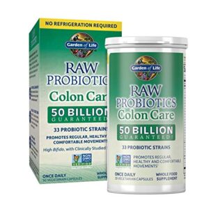 Garden of Life RAW Probiotics Colon Care Shelf Stable - 50 Billion CFU Guaranteed Through Expiration - Once Daily - Certified Non-GMO & Gluten Free - No Refrigeration, 30 Vegetarian Capsules