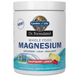 garden of life dr. formulated whole food magnesium 421.5g powder, raspberry lemon, chelated non-gmo vegan kosher gluten & sugar free supplement with probiotics, best for anti-stress calm & regularity