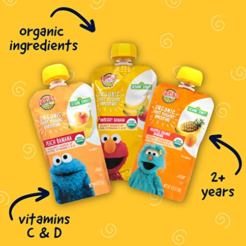 Earth's Best Organic Kids Snacks, Sesame Street Toddler Snacks, Organic Fruit Yogurt Smoothie for Toddlers 2 Years and Older, Banana Smoothie Variety Pack, 4.2 oz Resealable Pouch (Pack of 18)