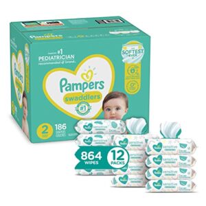 diapers size 2, 186 count and baby wipes – pampers swaddlers disposable baby diapers, one month supply with pampers sensitive water baby wipes, 12x pop-top packs, 864 count