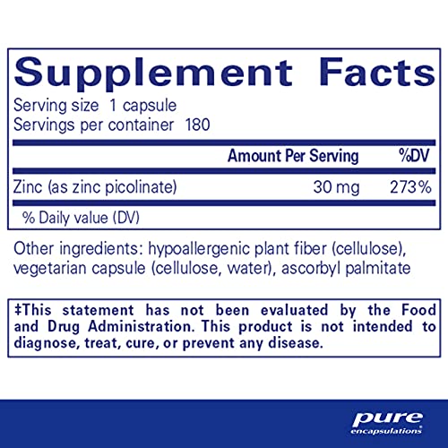 Pure Encapsulations Zinc 30 mg | Zinc Picolinate Supplement for Immune System Support, Growth and Development, and Wound Healing* | 180 Capsules