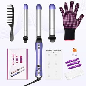 Beach Wave Rotating Hair Curling Iron-3 Interchangeable Heating Iron Barrels Automatic Hair Styling Curler to Create Beach Wave Curls, LCD Display Fast Heat-UP 430°F Ceramic Coating