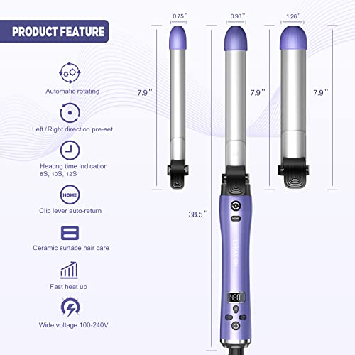 Beach Wave Rotating Hair Curling Iron-3 Interchangeable Heating Iron Barrels Automatic Hair Styling Curler to Create Beach Wave Curls, LCD Display Fast Heat-UP 430°F Ceramic Coating