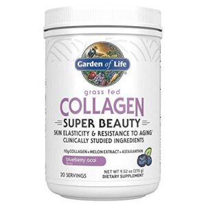 garden of life grass fed collagen super beauty powder – blueberry acai, 20 servings, collagen powder for women skin hair nails joints, collagen peptides powder, collagen protein, collagen supplements