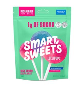 smartsweets lollipops, blue raspberry & watermelon flavors, hard candy with low sugar (1g), low calorie (40), no artificial sweeteners, plant-based, gluten-free, 3oz (packaging may vary)