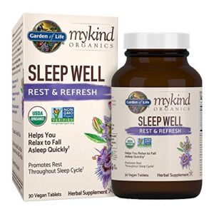 garden of life mykind organics sleep well rest & refresh 30 tablets, lemon balm, green tea extract l-theanine, valerian root, chamomile, probiotics-organic non-gmo vegan gluten free herbal supplement