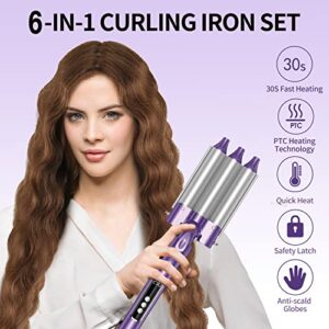 Beach Wave Hair Curling Iron Wand, Lyealion 6 in 1 Curling Iron Set with 2 * 3 Barrel Hair Crimper, Curling Brush and 3 Interchangeable Ceramic Curling Wand for Women