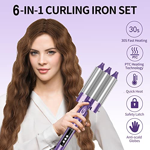 Beach Wave Hair Curling Iron Wand, Lyealion 6 in 1 Curling Iron Set with 2 * 3 Barrel Hair Crimper, Curling Brush and 3 Interchangeable Ceramic Curling Wand for Women