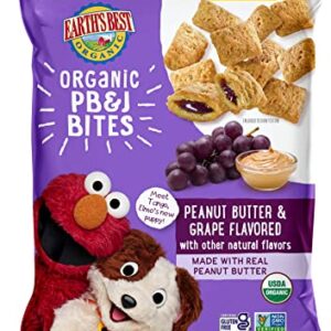 Earth's Best Organic Kids Snacks, Sesame Street Toddler Snacks, Organic PB&J Bites for Toddlers 2 Years and Older, Peanut Butter and Grape Flavored with Other Natural Flavors, 3 oz Bag