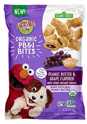 Earth's Best Organic Kids Snacks, Sesame Street Toddler Snacks, Organic PB&J Bites for Toddlers 2 Years and Older, Peanut Butter and Grape Flavored with Other Natural Flavors, 3 oz Bag