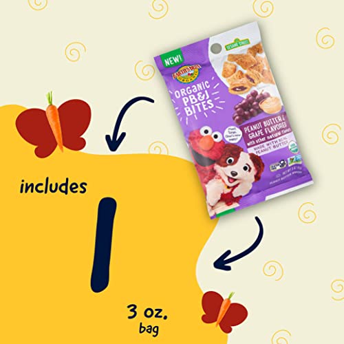 Earth's Best Organic Kids Snacks, Sesame Street Toddler Snacks, Organic PB&J Bites for Toddlers 2 Years and Older, Peanut Butter and Grape Flavored with Other Natural Flavors, 3 oz Bag