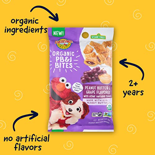 Earth's Best Organic Kids Snacks, Sesame Street Toddler Snacks, Organic PB&J Bites for Toddlers 2 Years and Older, Peanut Butter and Grape Flavored with Other Natural Flavors, 3 oz Bag