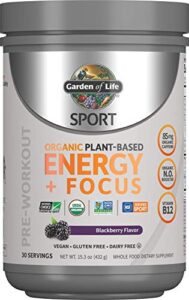 garden of life sport organic plant based energy + focus clean pre workout powder, with 85mg caffeine, natural no booster, b12, vegan, gluten free, non-gmo, blackberry, 15.3 oz